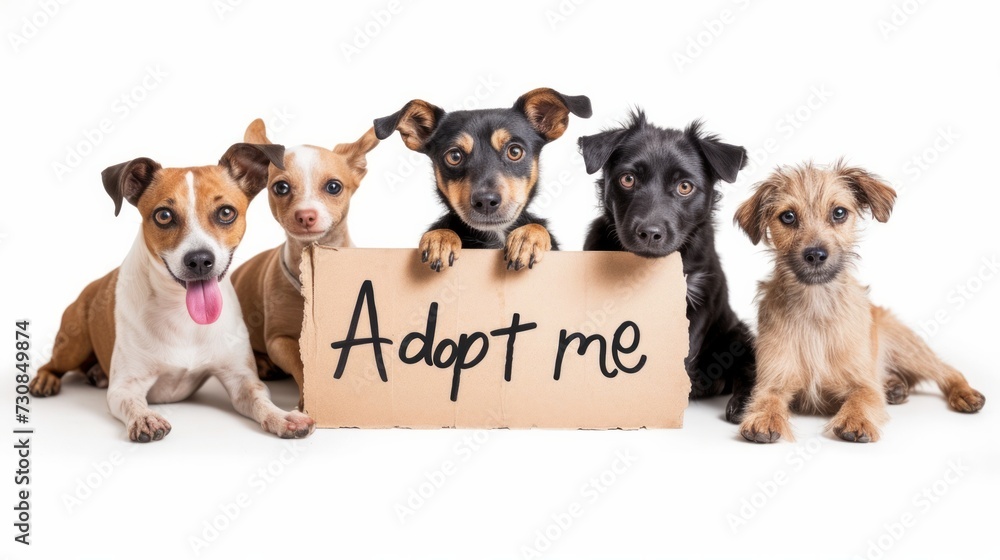 Five homeless dogs to adopt in a row, with a cardboard with words ...