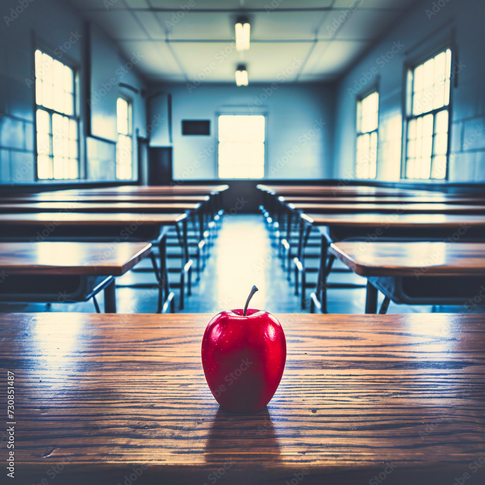 An empty classroom with desks and a blackboard, waiting for the return ...