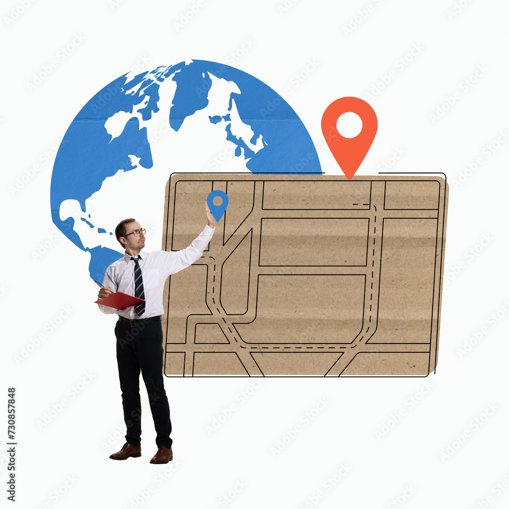 Man checking delivery road and putting location mark on destination ...