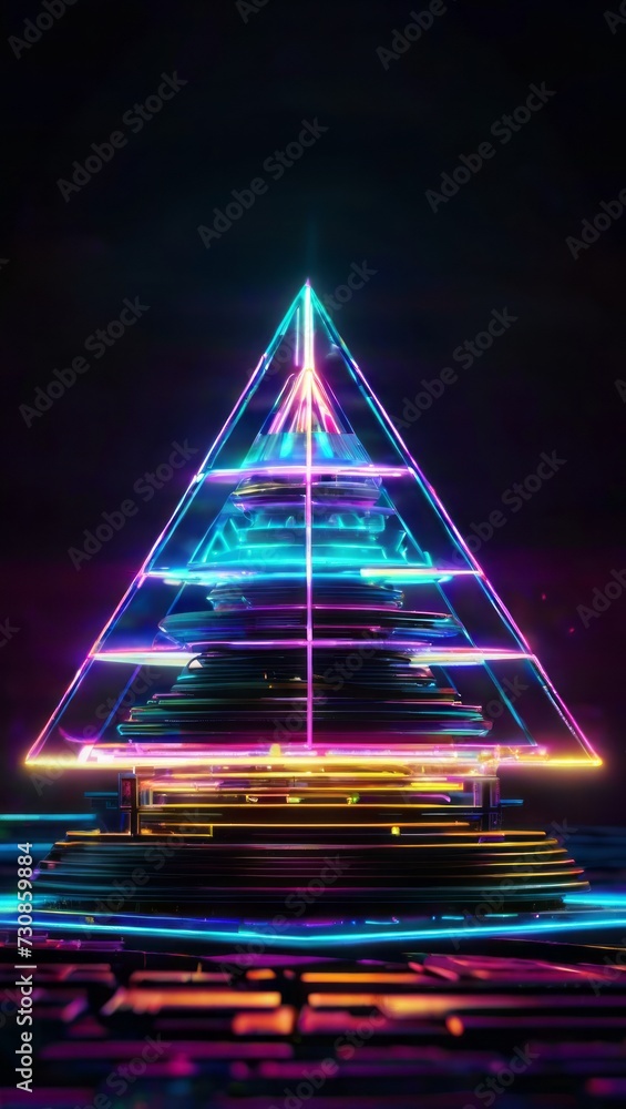 This image captures a glass pyramid with glowing neon edges, creating a ...
