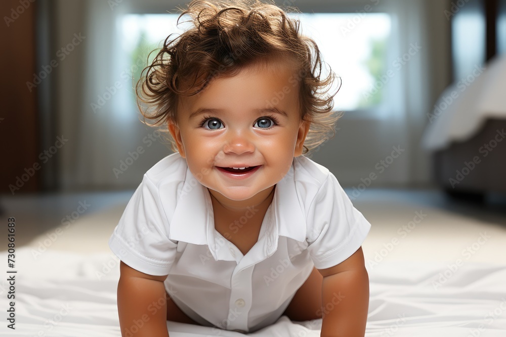 Smiling small little baby in diaper crawling on white floor background ...