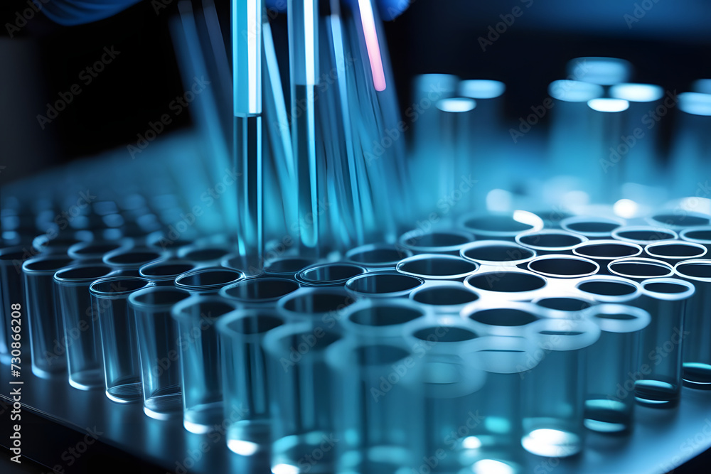 Blue and pink pipette tips filling test tubes with blue liquid in a lab ...
