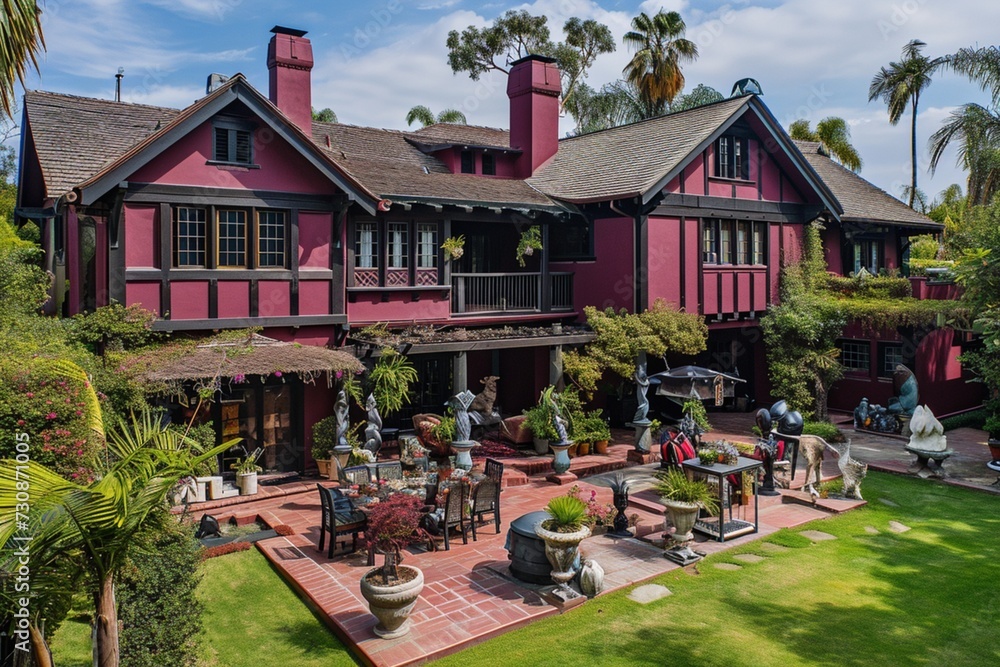 Eagle view of a craftsman house in a deep burgundy, with a backyard ...