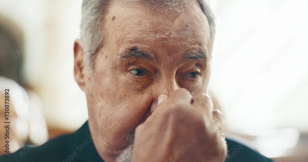 Funeral, sad and death with old man crying in church for farewell, thinking and grief. Mental ...