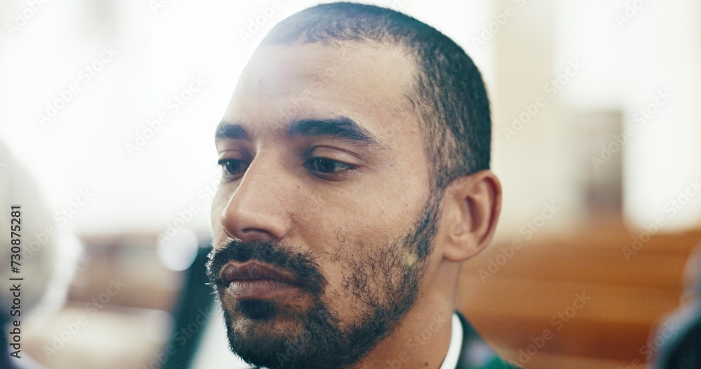 Sad, man and face closeup with depression at a funeral in church for ...