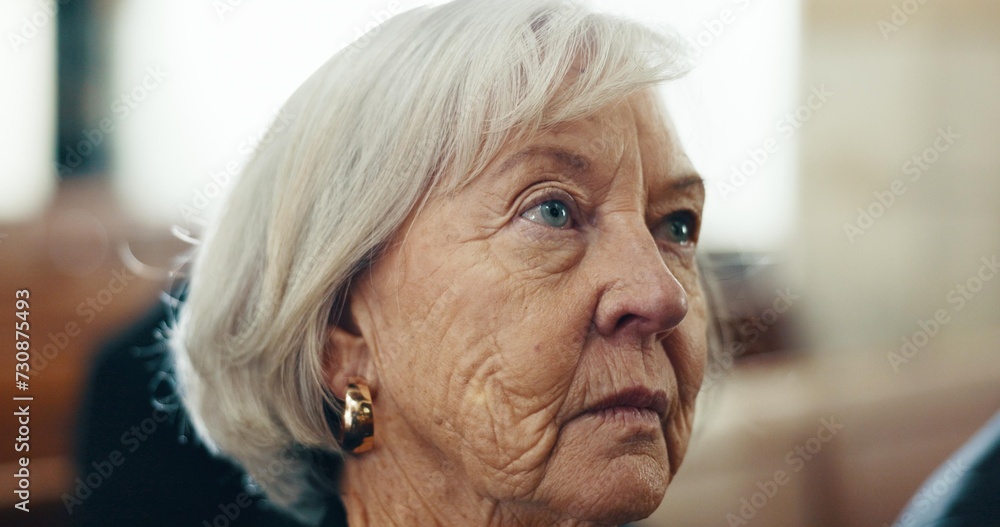 Church, service and face of senior woman at a funeral for final goodbye ...