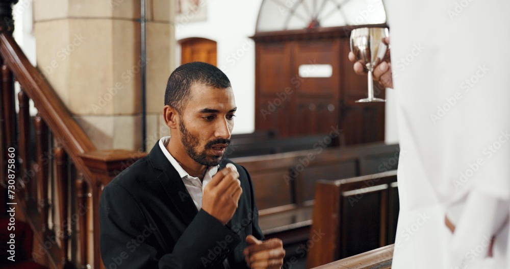 Religion, church and man with priest for communion for ceremony ...