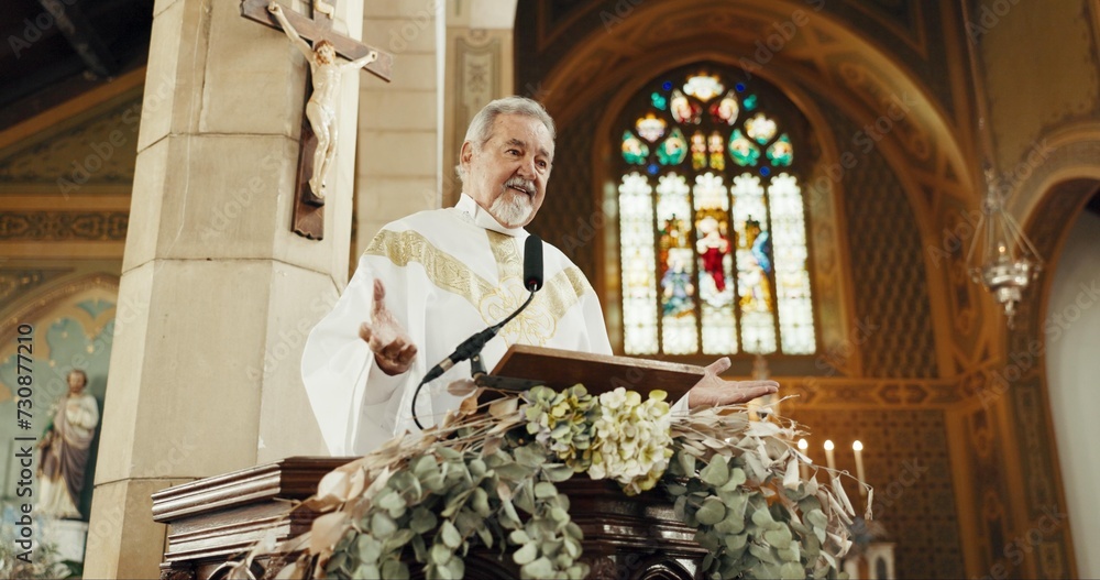 Religion, priest and man preaching in church for sermon, heaven and ...