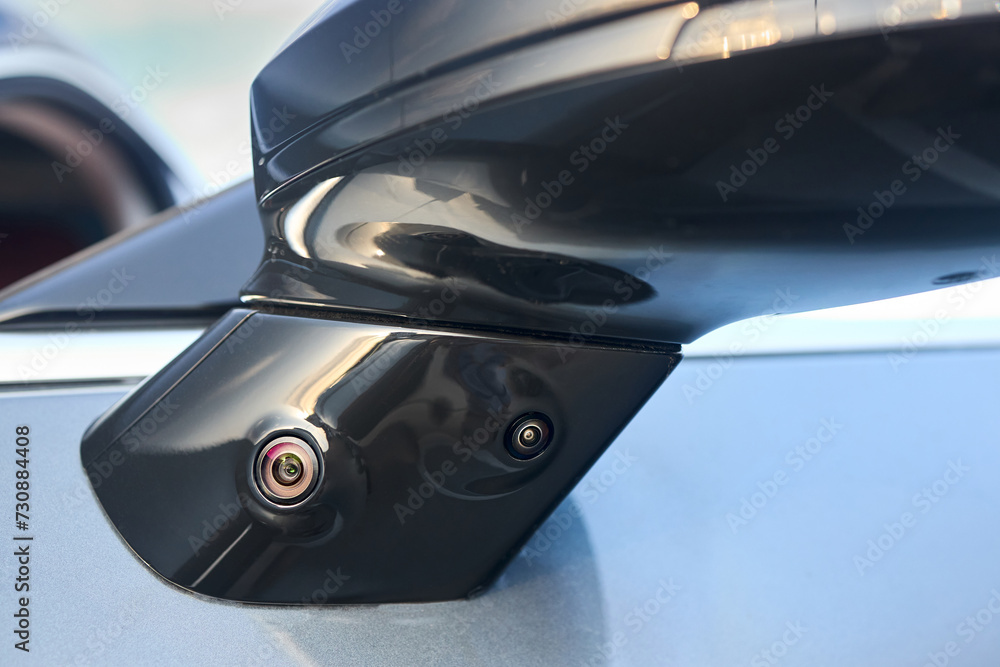 Luxury car detail left back mirror two parking cameras closeup. Road ...