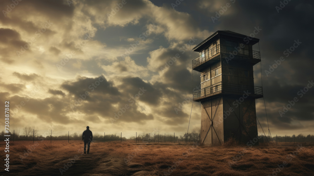 Silhouette of barbed wires and watchtower of prison. Watchtower. A tall ...