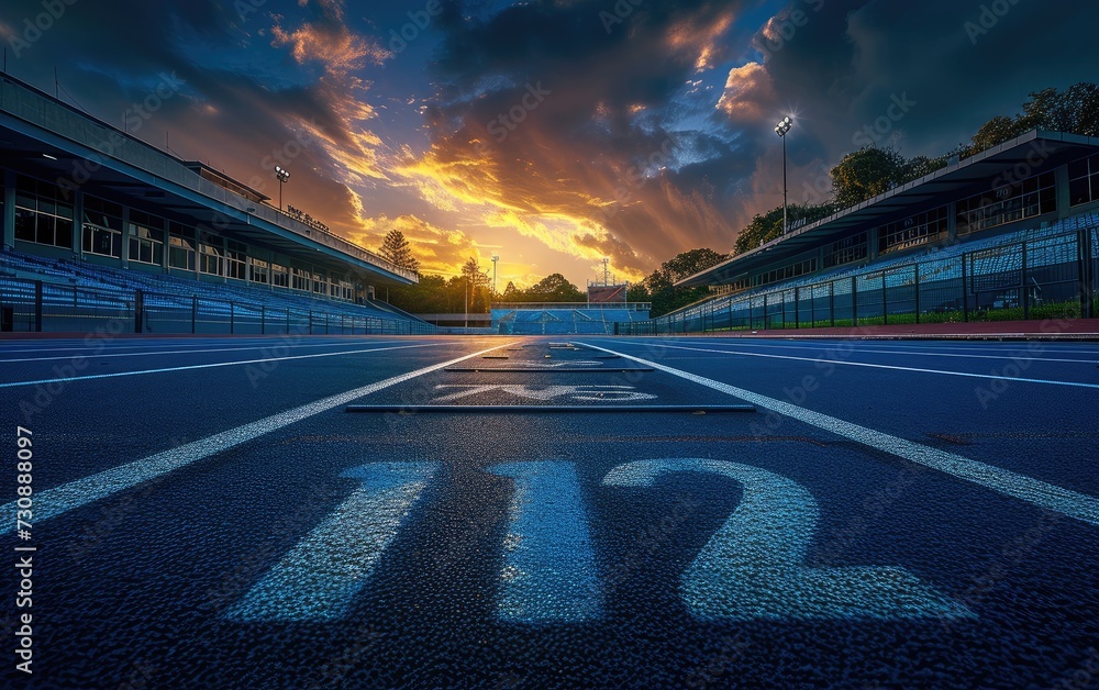 front view of an athletics stadium with a racetrack and starting blocks ...