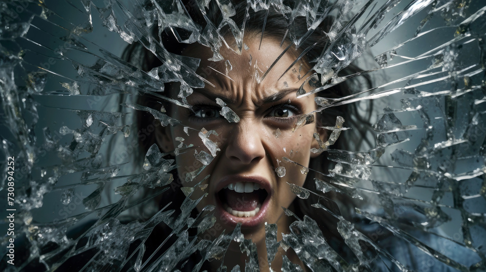 Depressed angry young woman stands behind broken glass. Sad woman ...