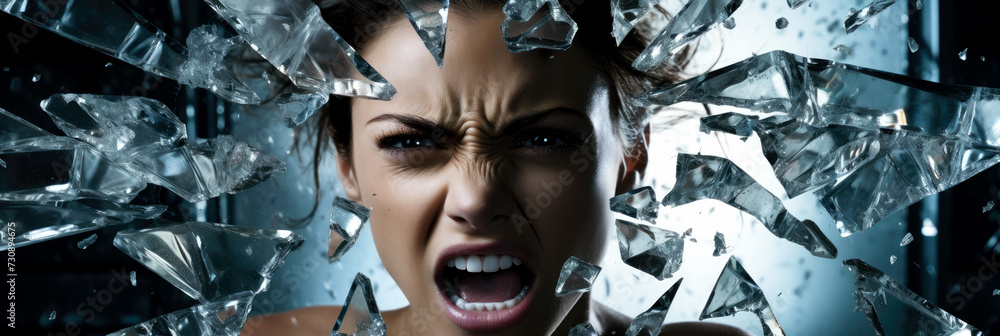 Depressed angry young woman stands behind broken glass. Sad woman ...