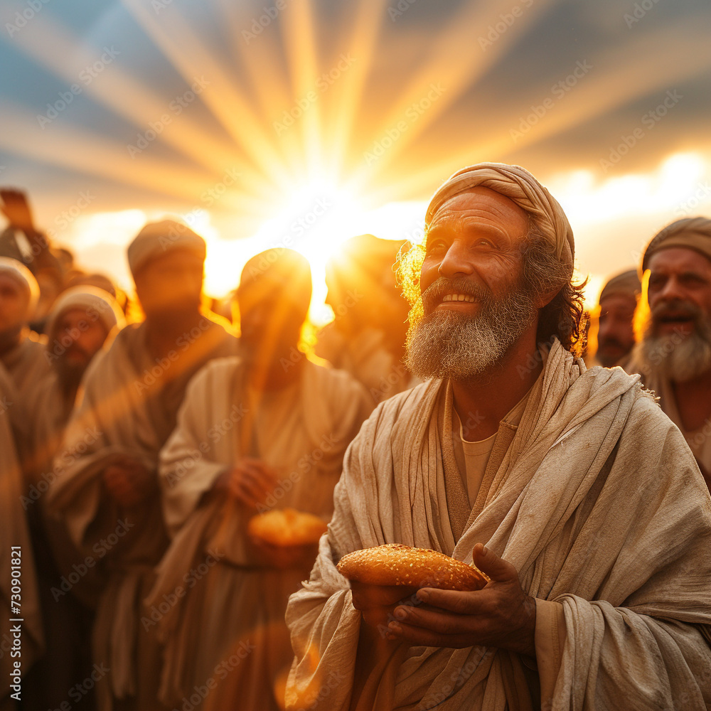 Multiplication of the loaves by Jesus Christ. Gospel story. Christian ...