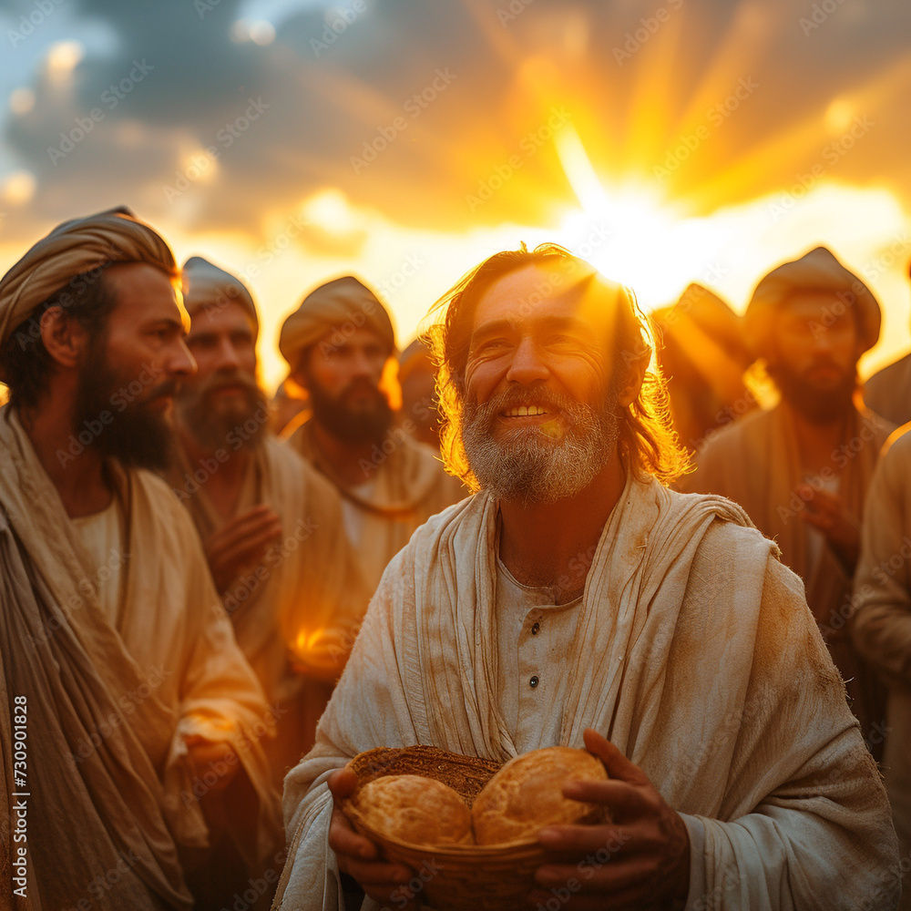 Multiplication of the loaves by Jesus Christ. Gospel story. Christian ...