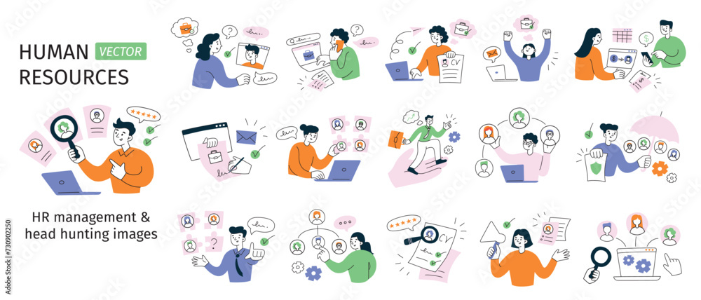 HR and recruitment set, employees searching for job, hiring candidates ...