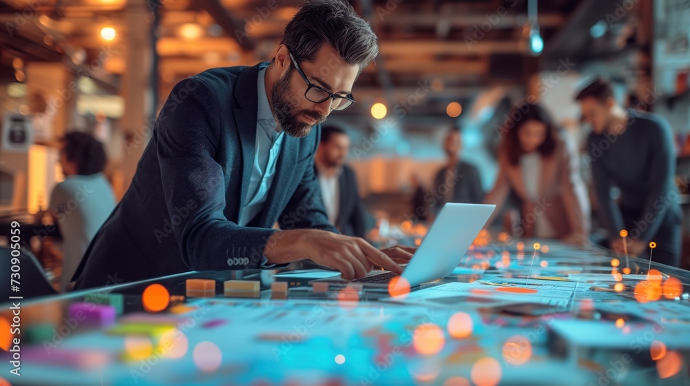 Dynamic leader in a modern suit pointing to a concept on a laptop ...