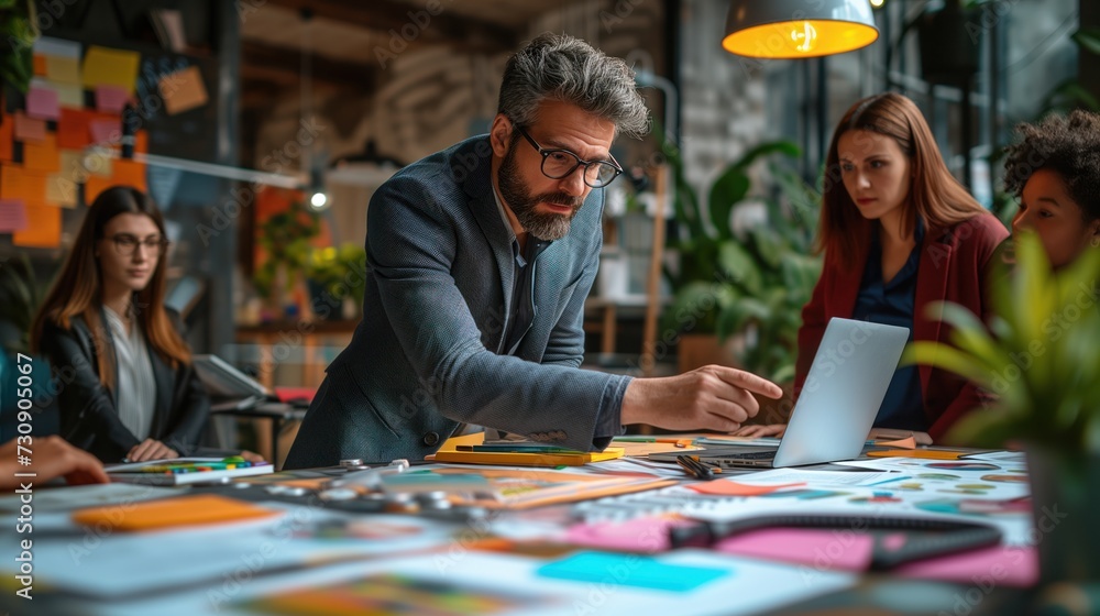 Dynamic leader in a modern suit pointing to a concept on a laptop ...
