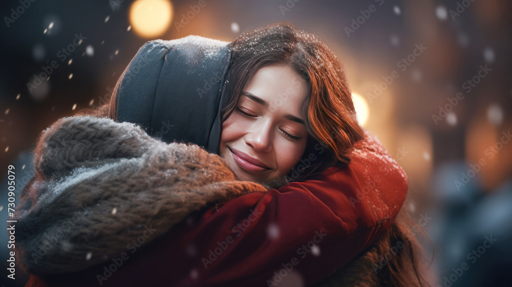 Affection and closeness, warm and heartfelt hug, friends or family ...