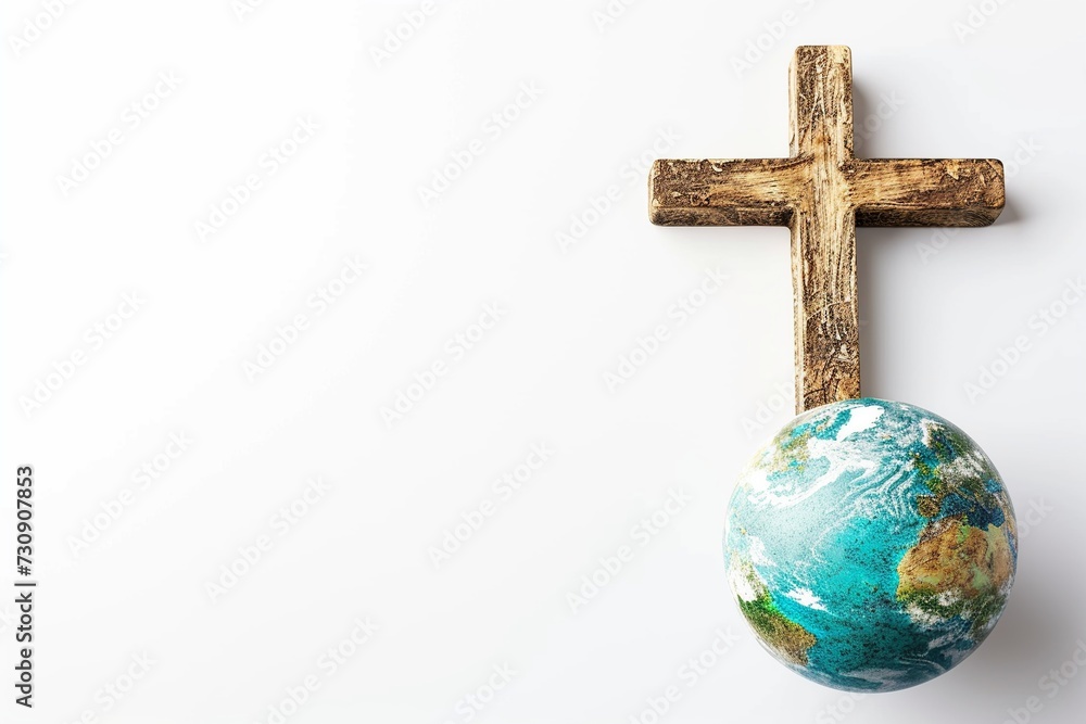 The Cross of Jesus Christ stands superimposed on an Earth globe, with ...