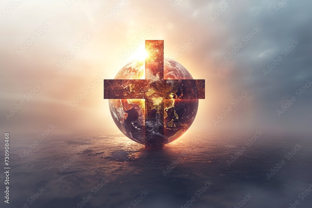 The Cross of Jesus Christ stands superimposed on an Earth globe, with ...