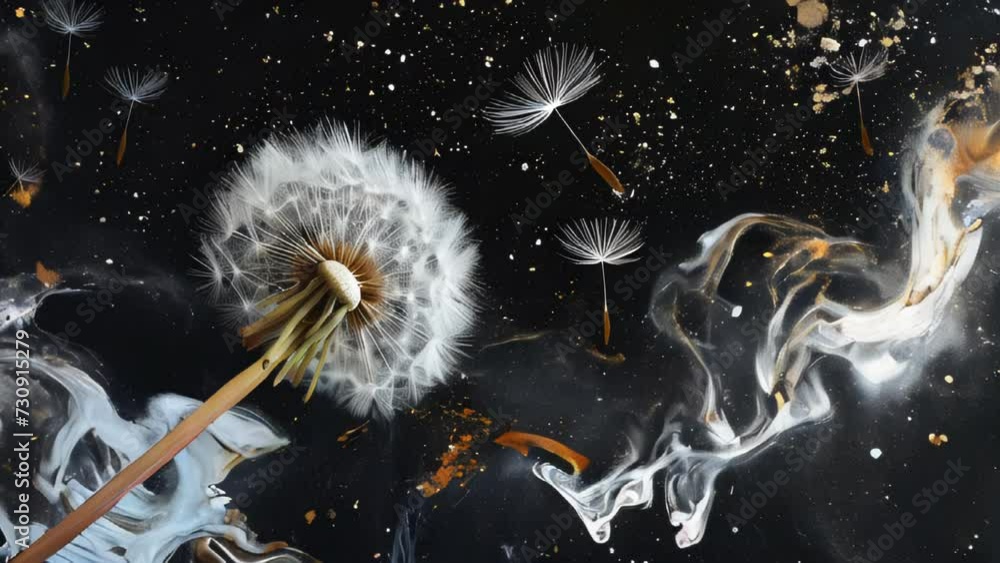 Dandelion fluff is being blown by the wind, appearing to dance against ...
