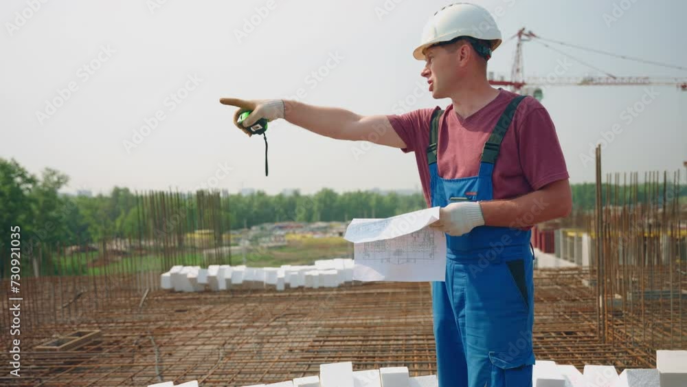 Civil engineer giving instructions at construction site of residential ...
