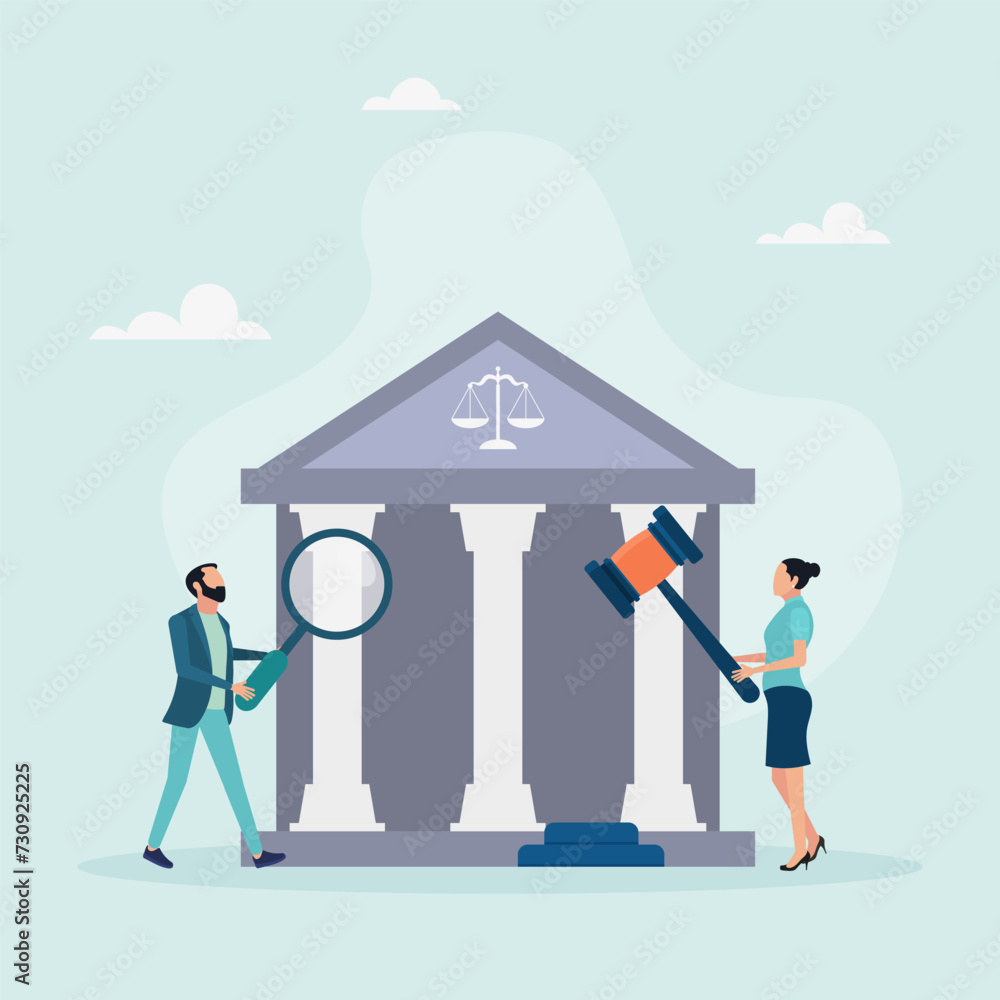 Law and justice concept. Scales of justice, judge's building and judge ...