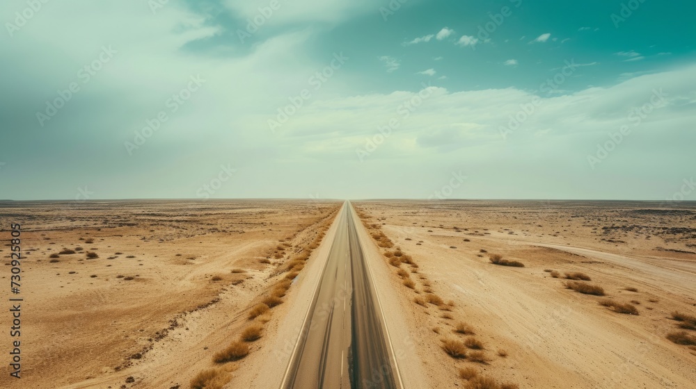 Straight desert road extending to the horizon in the Sahara, embodying ...