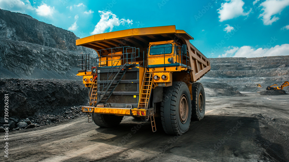 Excavator loads rock formation into the back of a heavy mining dump ...