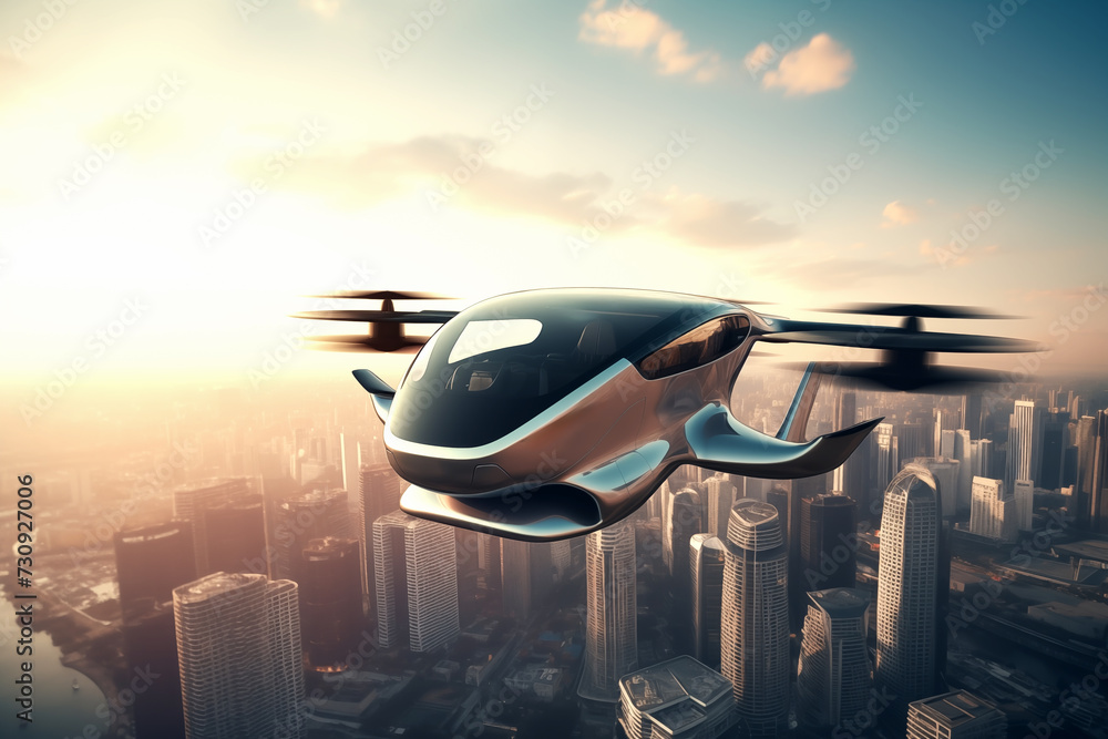 Flying car in sky. Electric air car flight above a cityscape. Future ...