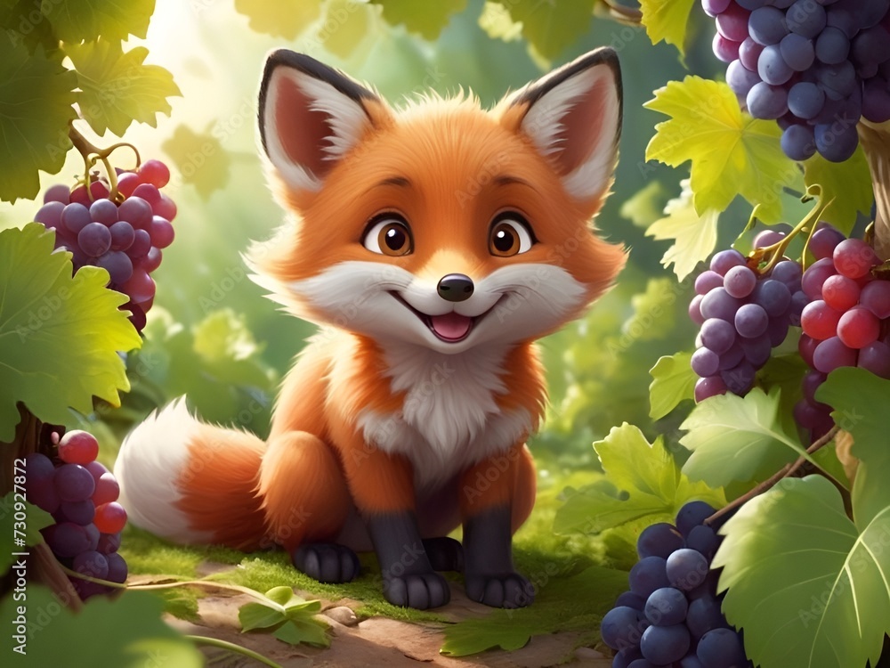 Joyful Fox Cub and Juicy Grapes, a cute little fox looking at the ...
