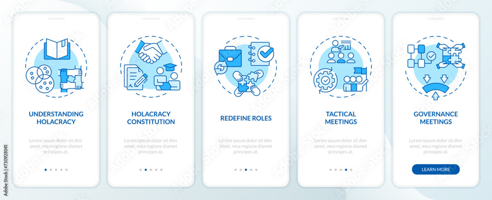 Strategy implementing blue onboarding mobile app screen. Holacracy ...
