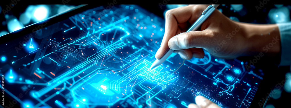 computer tablet hand drawing on black background with blue lights Stock ...