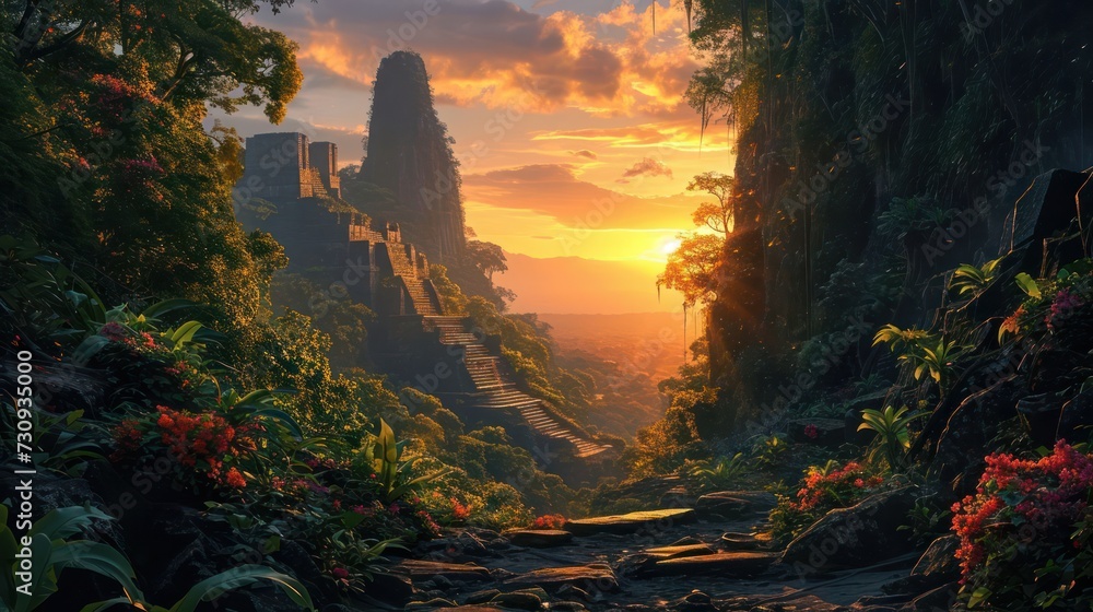 Capture the majesty of an Ancient rainforest landscape at sunset with ...