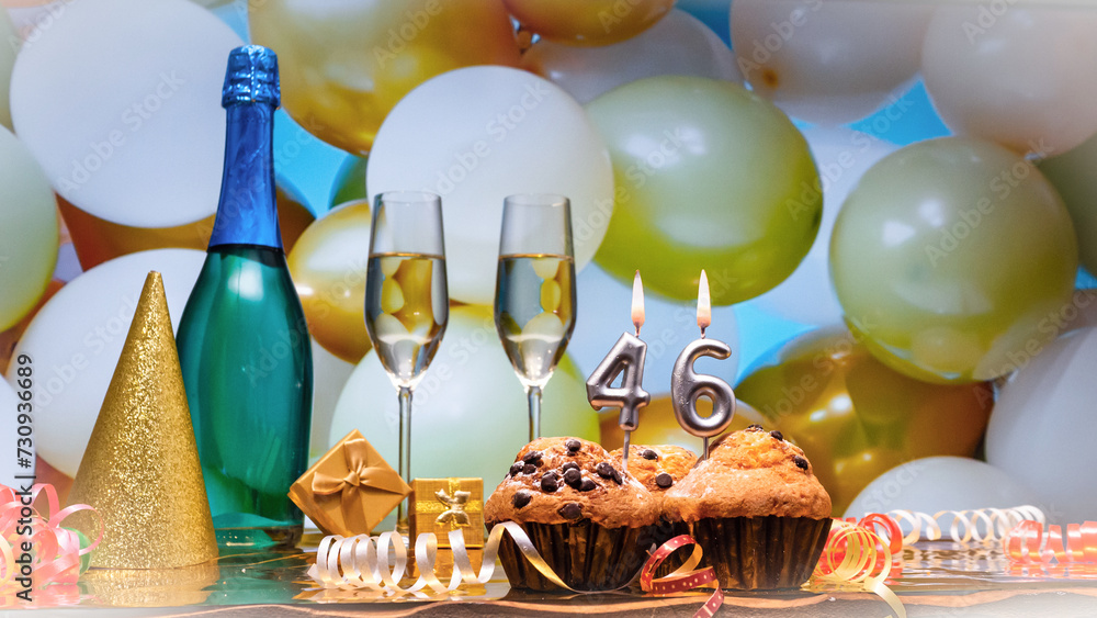 Happy birthday champagne background with number of candles 46 ...
