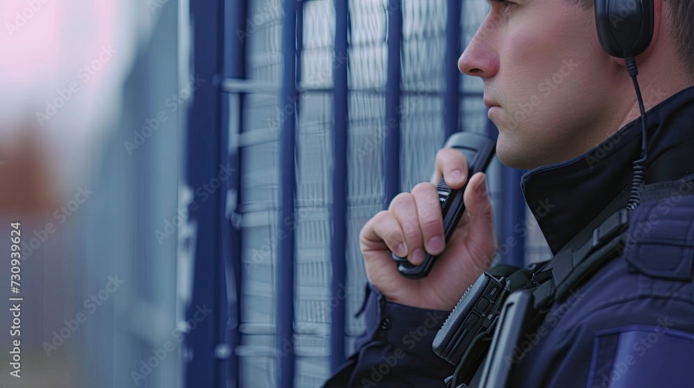 Foto de A vigilant security guard close-up with a walkie-talkie at a ...