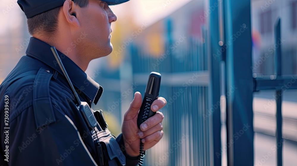 A vigilant security guard close-up with a walkie-talkie at a new gate ...