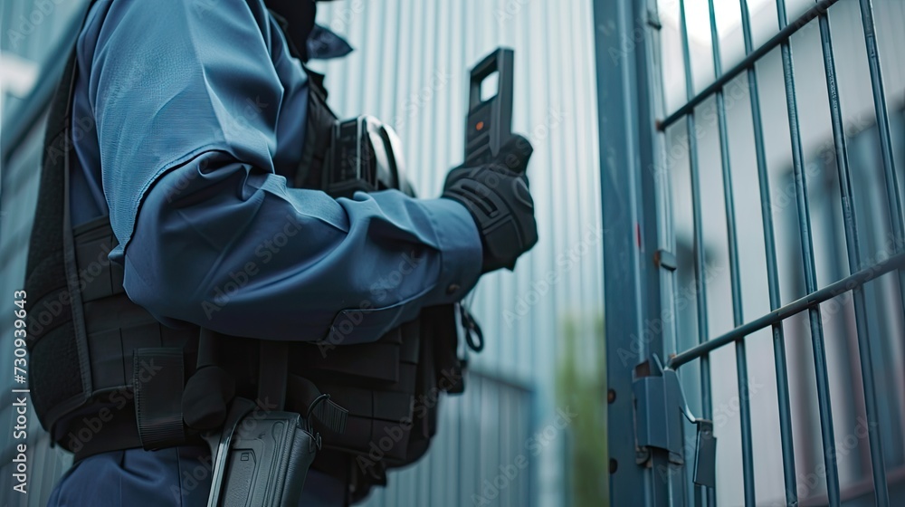 A vigilant security guard close-up with a walkie-talkie at a new gate ...