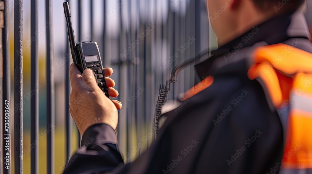 A vigilant security guard close-up with a walkie-talkie at a new gate ...