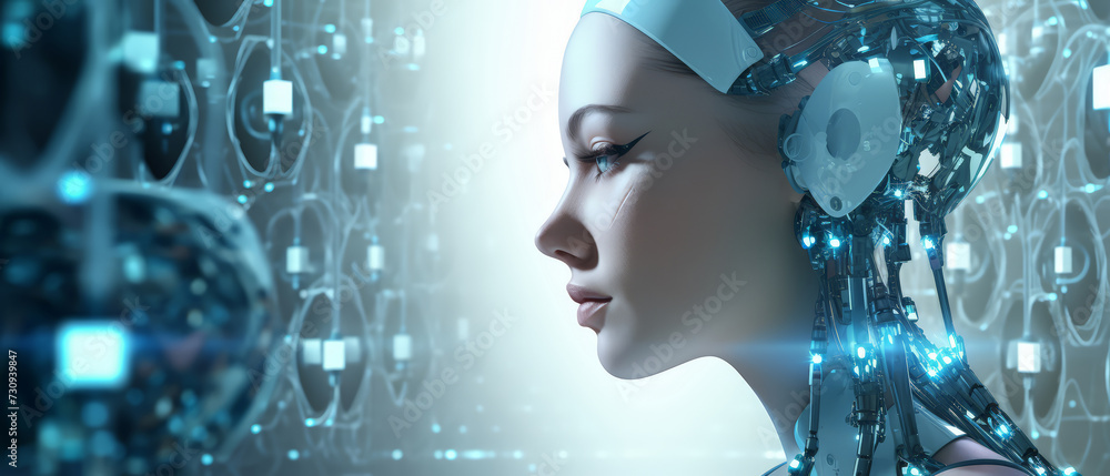 Robot cyborg woman with wires sticking out in flow of digital ...