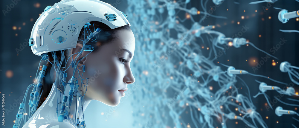 Robot cyborg woman with wires sticking out in flow of digital ...