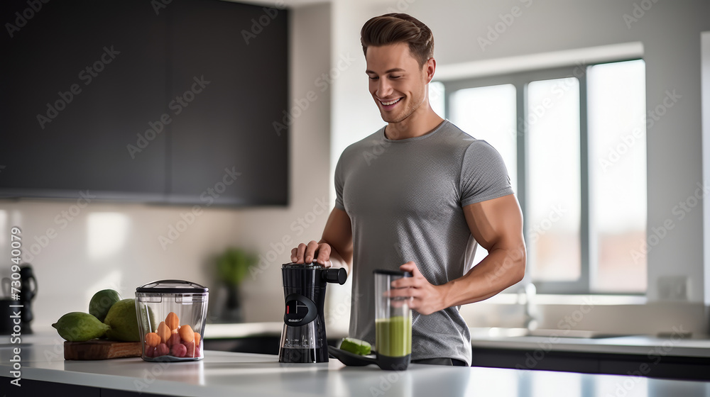 Muscle man chef doing cook fresh vitamin summer juice smoothie cocktail ...