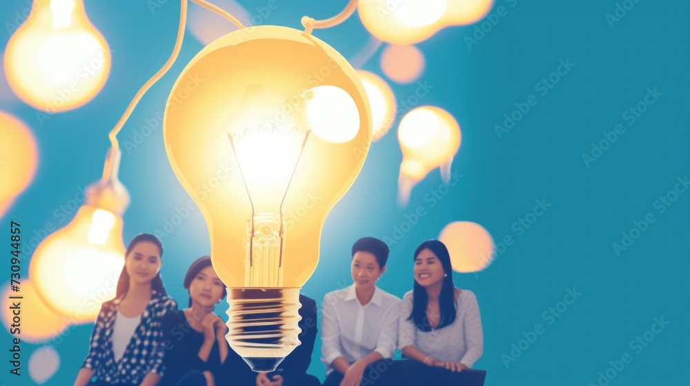 A group of people gathers around a glowing light bulb, symbolizing ...