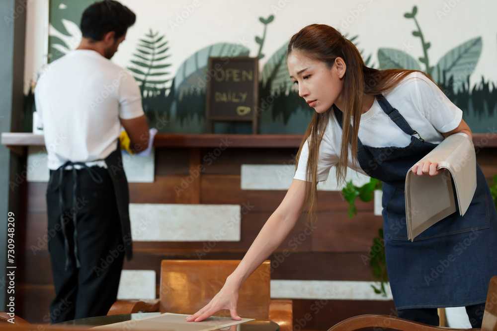 Cafe owner businessman barista employee young Asian wife Laying the ...