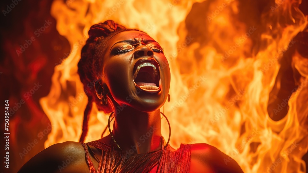 Fiery Roar of African Beauty. African woman roaring with a backdrop of ...
