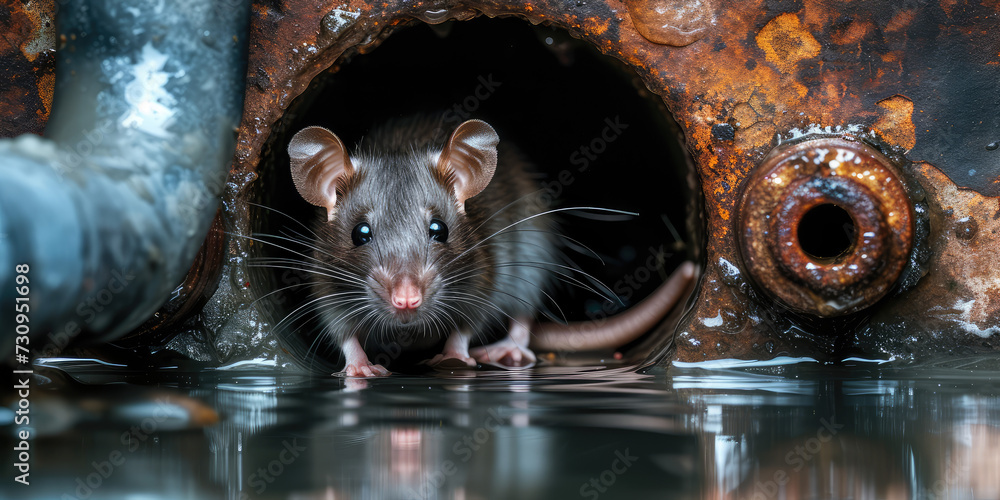 Curious Rat Peeking from Sewer Pipe. Close-up of a rat inside a rusty ...
