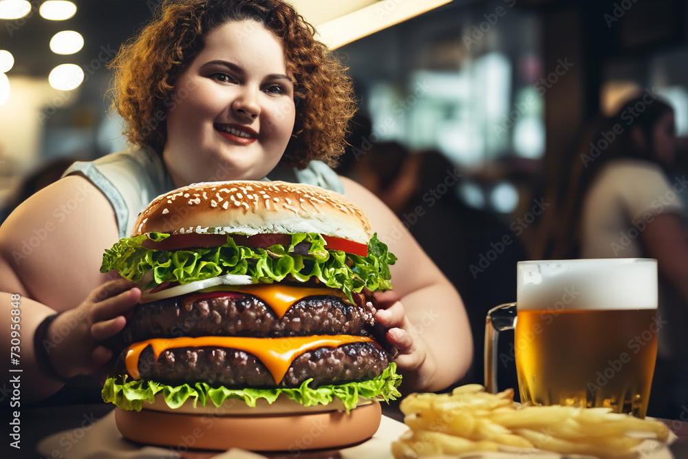 Fat girl eating hamburger in fast food restaurant. A girl with an obese ...
