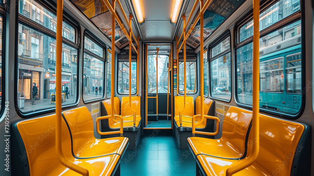 Interior of city bus with yellow seats. Empty tram awaits passengers to ...