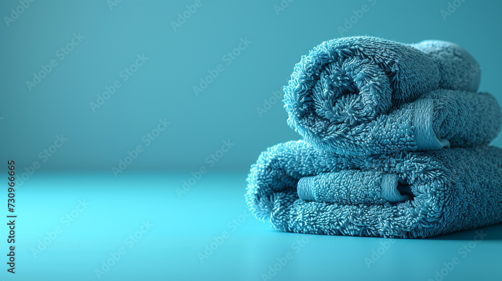 Light blue spa towels pile, bath towels lying in a stack on light blue ...